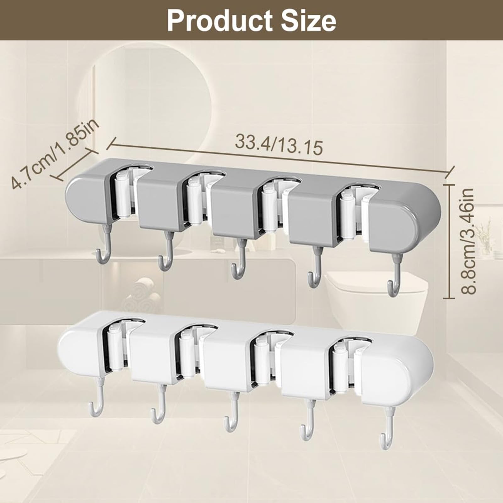 Oforest 2024 New Multifunctional Mop Holder With Hook, Punch Free Mop And Broom Holder Wall Mount Broom Rack, 4 Racks And 5 Hooks For Garage, Bathroom, Kitchen, And Garden Tool Storage (Grey*2Pcs)