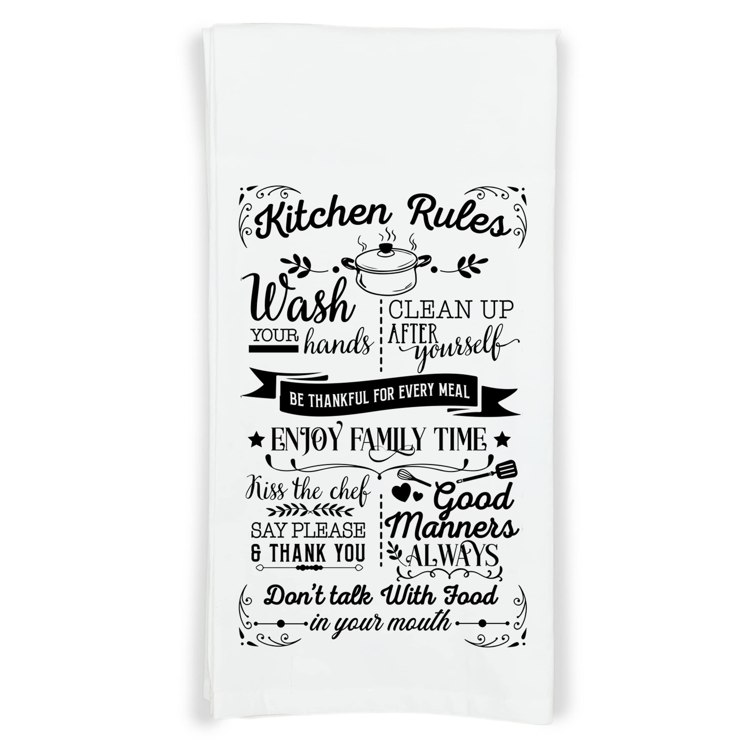 Kitchen Rules Flour Sack Kitchen Towel with Hanging Loop - Funny Cute Swert Family Dish Cloth Birthday Christmas Mother's Day Gift