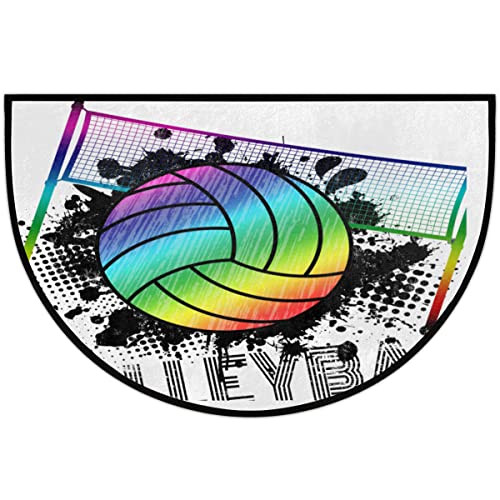 Pardick Colorful Volleyball Print Half Round Door Mat, Sport Theme Non-Slip Half Circle Area Rug Doormat Washable Half Moon Rug Indoor Entrance Doormat for Kitchen Bedroom Home Decor