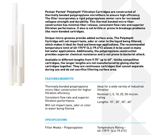 Pentair Pentek PD-5-20 Sediment Water Filter, 20-Inch, Whole House Polydepth Polypropylene Replacement Cartridge, 20" x 2.5", 5 Micron
