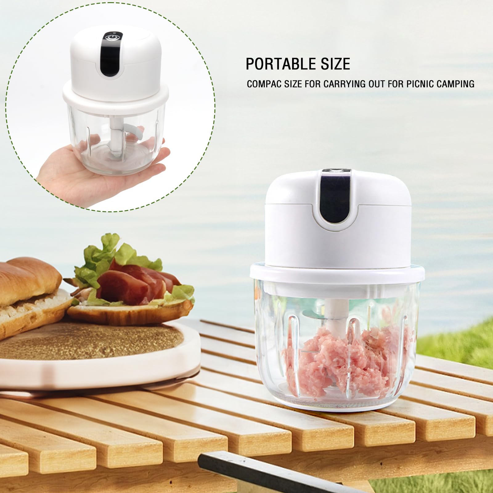 RHAFAYRE Mini Garlic Chopper, Cordless Electric Garlic Chopper Slicer with GLASS Cup, 10Oz Mini Food Grinder Processor for Small Vegetable Onion Tomato Pepper Herb, Anti-slip, incl USB cable, White
