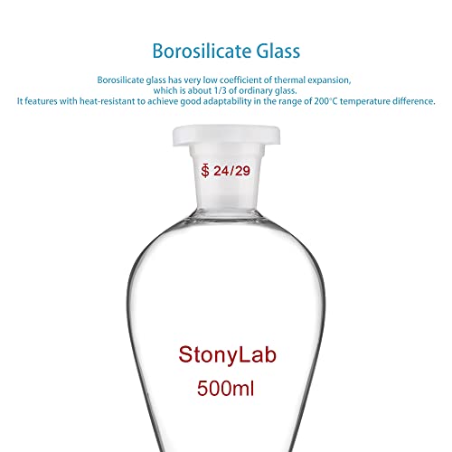 stonylab Borosilicate Glass 500 ml Heavy Wall Conical Separatory Funnel with 24/29 Joints and PTFE Stopcock, 500 ml