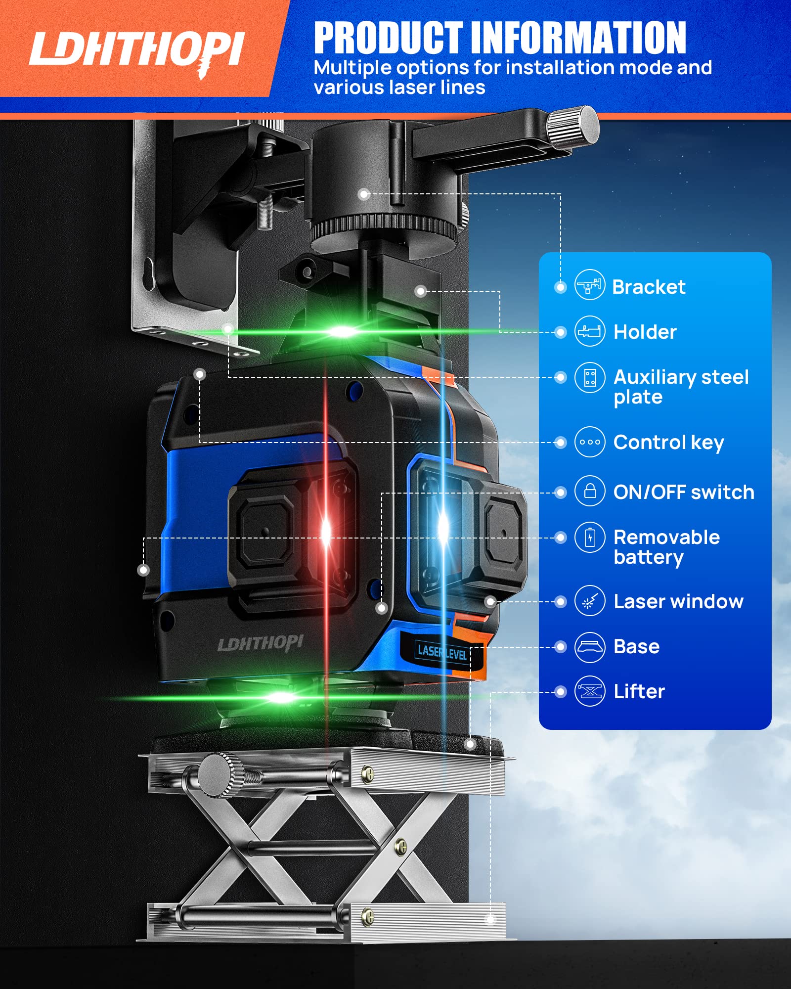 LDHTHOPI 4D 200FT Laser Level, Red/Green/Blue 3 Color laser level 360 self leveling, 16 Cross Line Laser with 2 Rechargeable Batteries for Ceiling, Floor, Construction and Picture Hanging