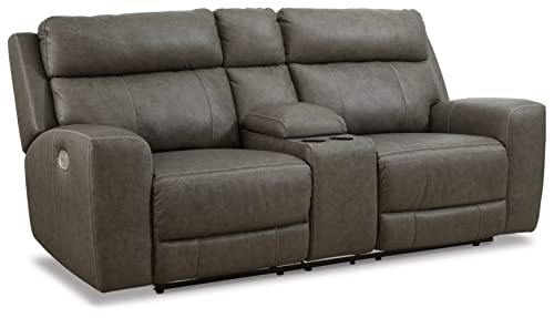 Signature Design by Ashley Roman Contemporary Tufted Leather Power Reclining Loveseat with Console and Adjustable Headrest, Gray