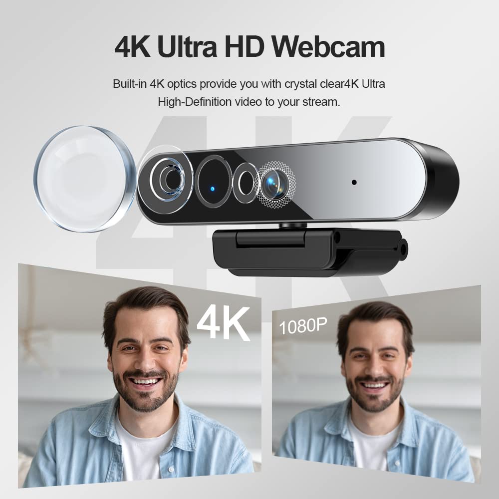 Nisheng 4K Webcam, Webcam with Microphone, Autofocus HD Webcam Camera with Privacy Cover and Tripod, Plug and Play 4K USB Computer Web Camera for for Zoom/Sky/PC/Mac/Laptop/Desktop (M3 Pro)