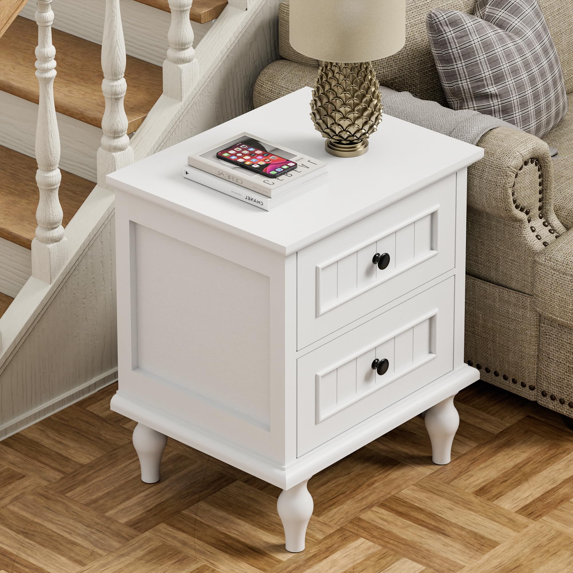 Scurrty Nightstand, Antique Style End Table with 2 Drawers, Taller Nightstand for Bedroom, Side Table for Bedroom (White, Single)