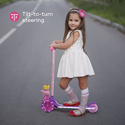 Peppa Pig Kick Scooter for Kids, Self-Balancing 3 Wheeled Light Up Scooter with Extra Wide Anti-Slip Deck, Rear Brake, Lean to Steer, Lightweight Design, for Kids 3 and up, 75 LB Limit