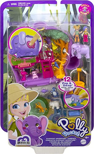 Polly Pocket Compact Playset, Elephant Adventure with 2 Micro Dolls & Accessories, Travel Toys with Surprise Reveals