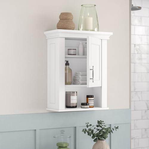 RiverRidge Somerset Single Door Wall Cabinet - Bathroom Medicine Cabinet with Inset Door, Coved Top Shelf, 2 Interior Shelves & Open Display Shelf β Elegant Bathroom Cabinet for Expanded Storage
