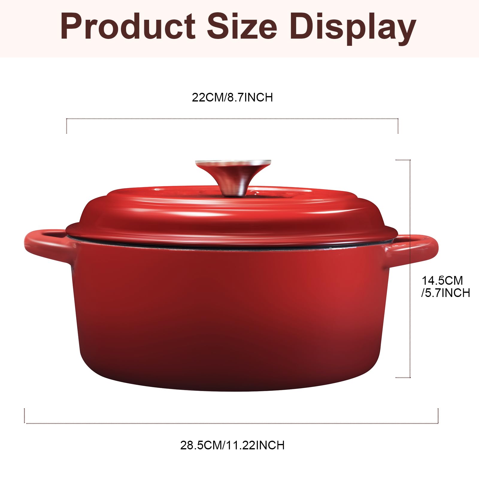 RIZTAIK 4.5 Quart Enamel Cast-Iron Round Dutch Ovenwith Lid and Dual Handlesfor Home,Kitchen, Dining Room, Non-stick Enamel Coated Cookware-red