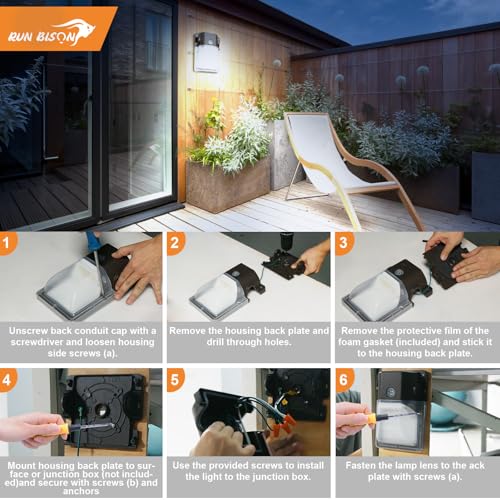 Run Bison 28W 3080LM LED Wall Pack Light with Dusk to Dawn Photocell, IP65 Waterproof Outdoor Security Flood Lighting for Garage Warehouse Garden 5000K-Daylight 2Pack