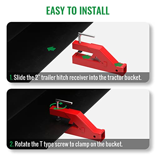 RbhAuto Red Tractor Clamp on Trailer Hitch 2" Ball Mount Receiver, New Upgrade Forklift Bucket Trailer Hitch Attachment, Adapter Compatible with Kubota Deere Bobcat Front Bucket Accessories