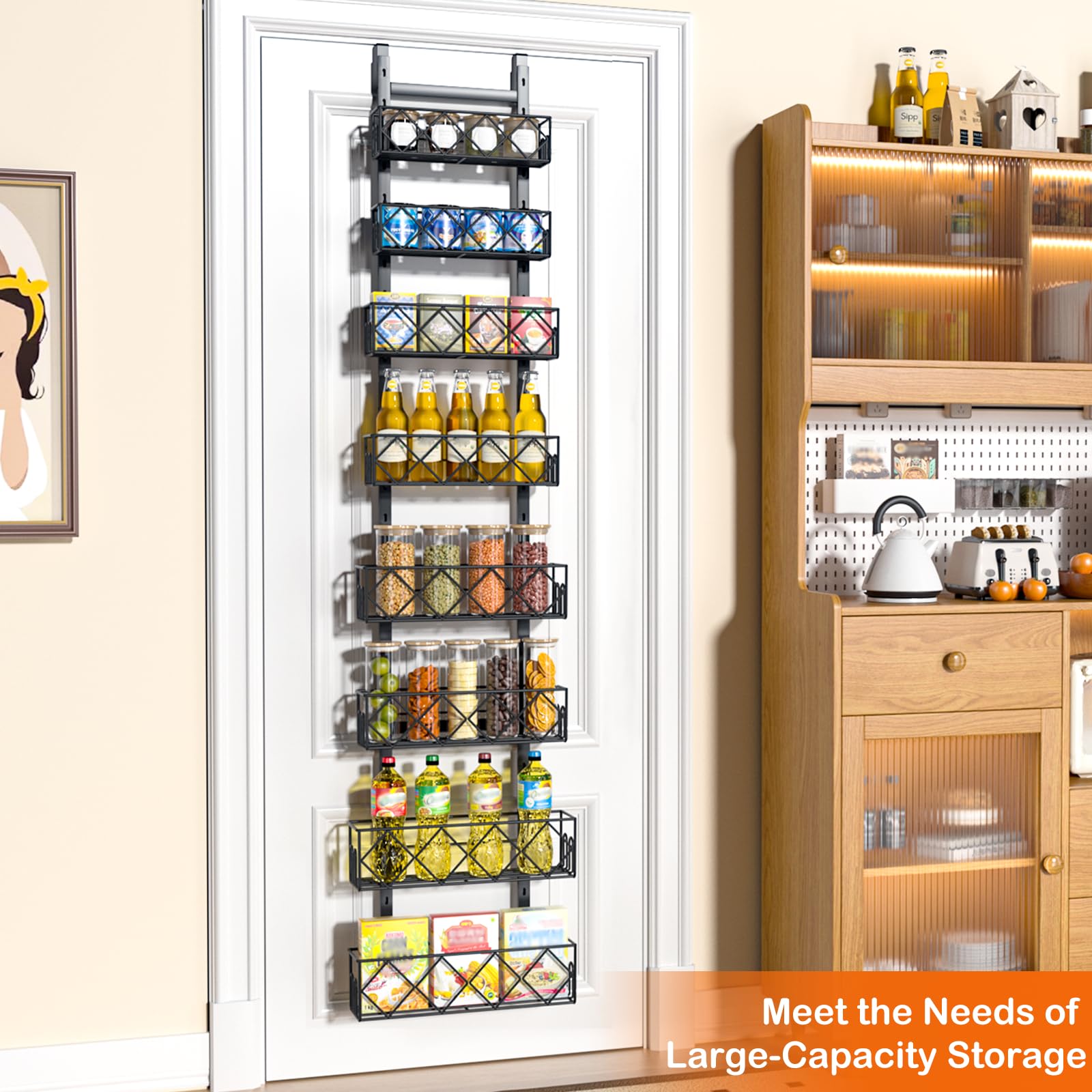 Over the Door Pantry Organizer 8-Tier Adjustable Baskets Hanging Spice Door Rack Narrow - 13.78" W x 65.16" H Behind the Door Storage for Kitchen, Bathroom, and Closet Organization- Black