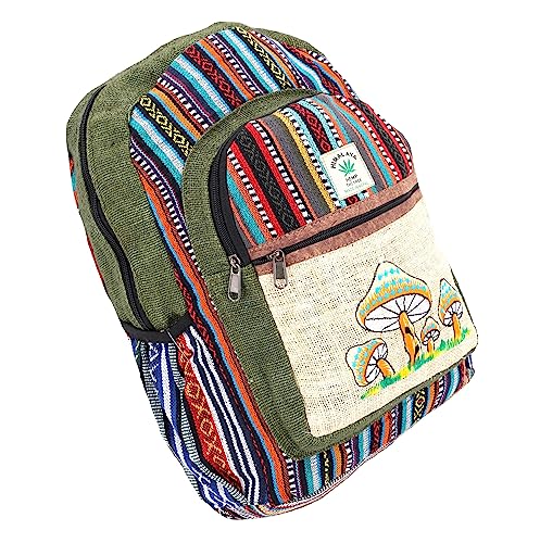 Unique Mushroom Embroidered Tie Dye Himalaya Hemp Large Hippie Backpack Festival Backpack FAIR TRADE Handmade with Love. (GREEN)