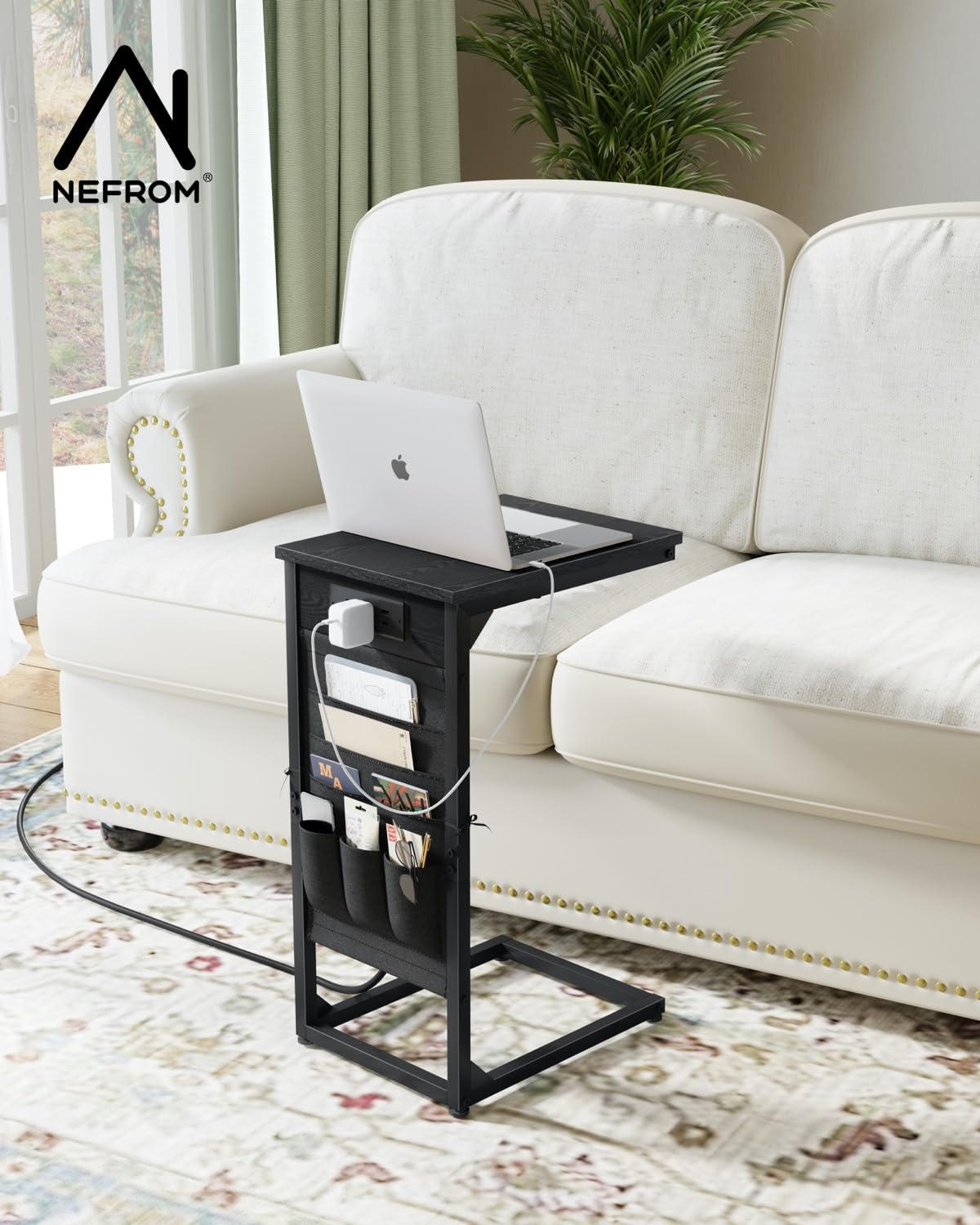 NEFROM Side Table, C-Shaped End Table with Charging Station, Small Couch Table with Storage Bag, Sofa Table for Bedroom, Living Room, Bedside ET-BK-1