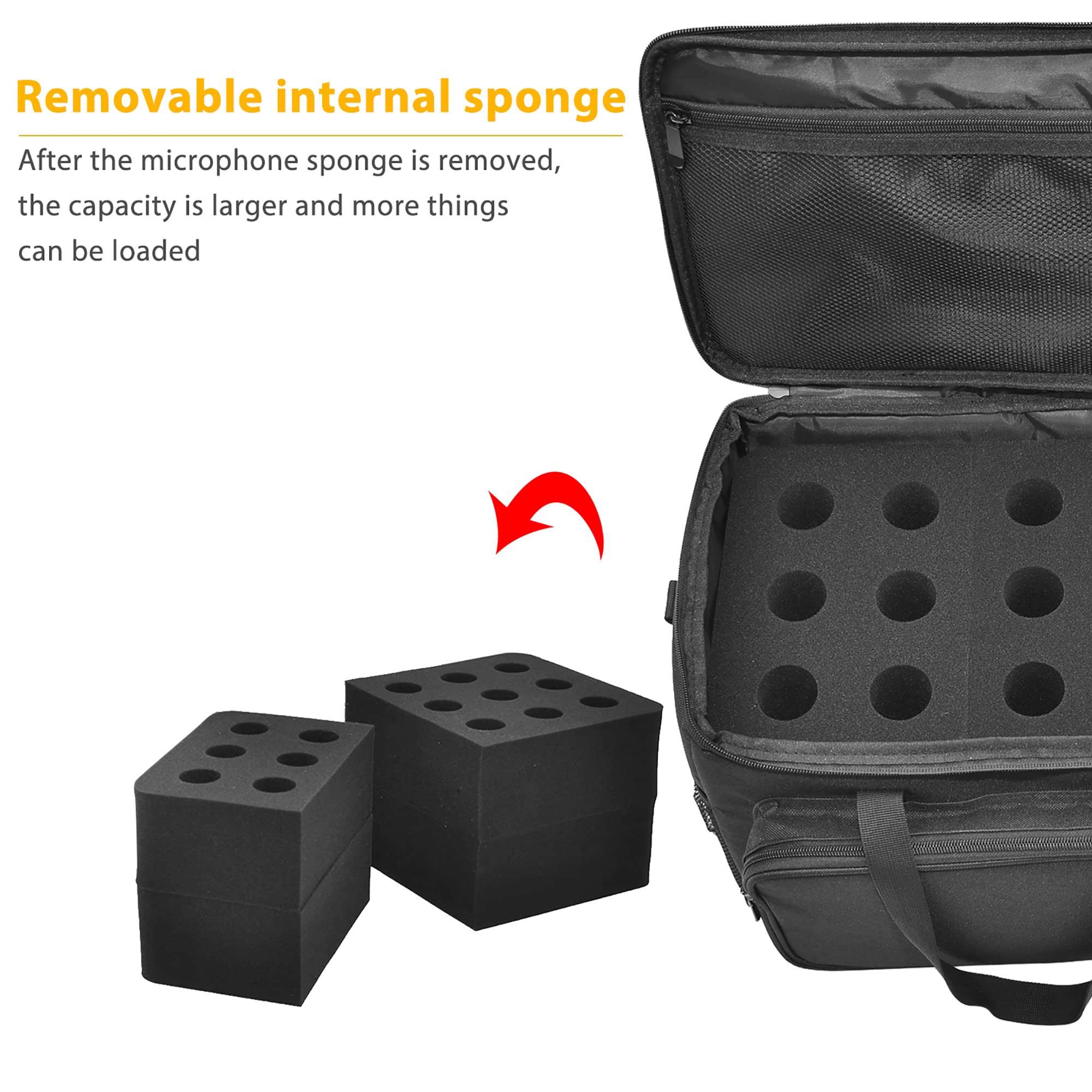 IBIVIVIC 15 Slots Wireless Microphone Bag with Foam, Microphones Nylon Bag with Shoulder Strap, BLACK
