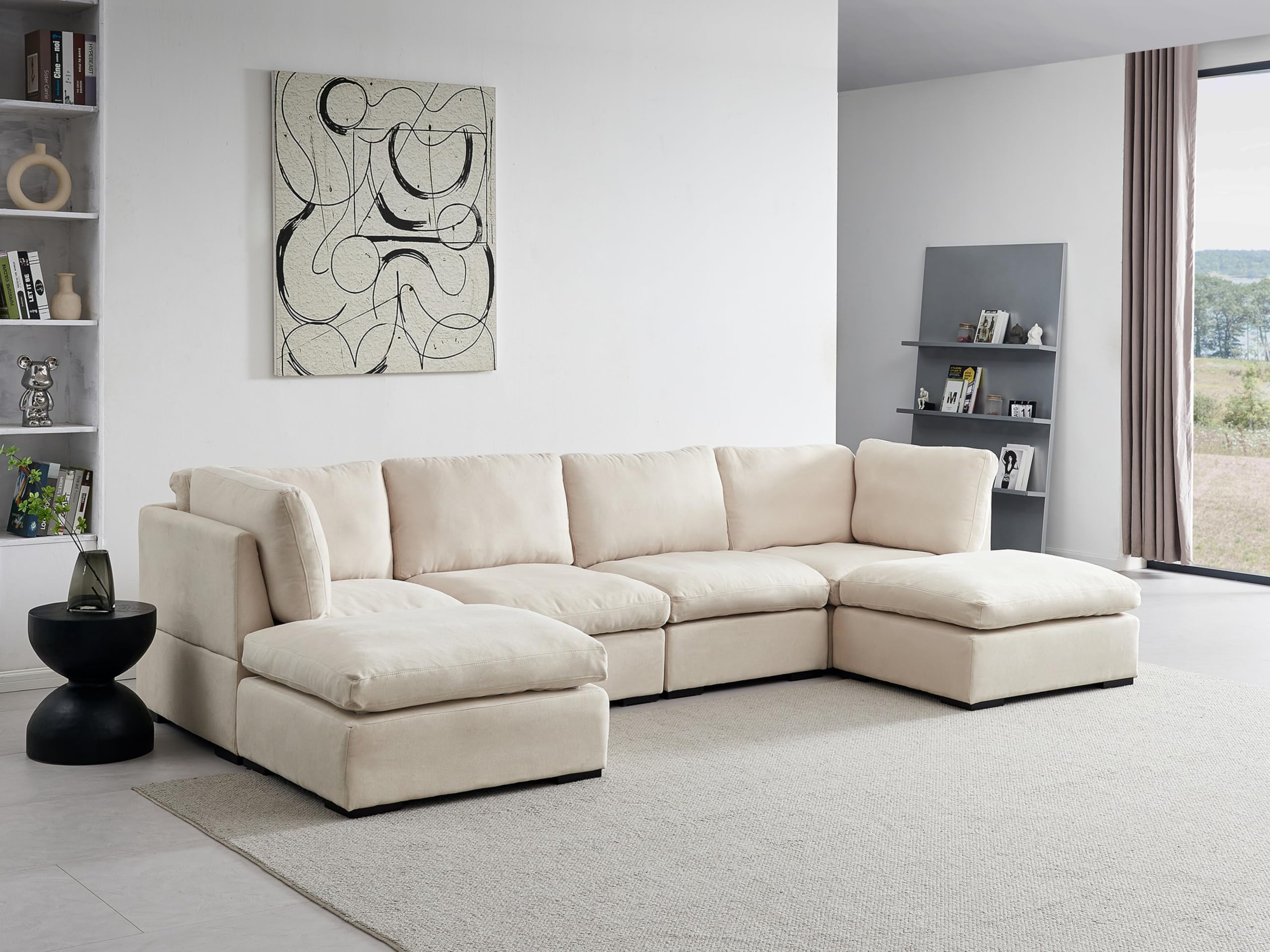 N NOORDENIYA 129'' Polyester U Shape Sectional Cloud Sofa, Oversized Modern Cloud Sectional Couch with Reversible Chaise, 6 Seater Sofa Set for Living Room, Apartment, Office. Beige