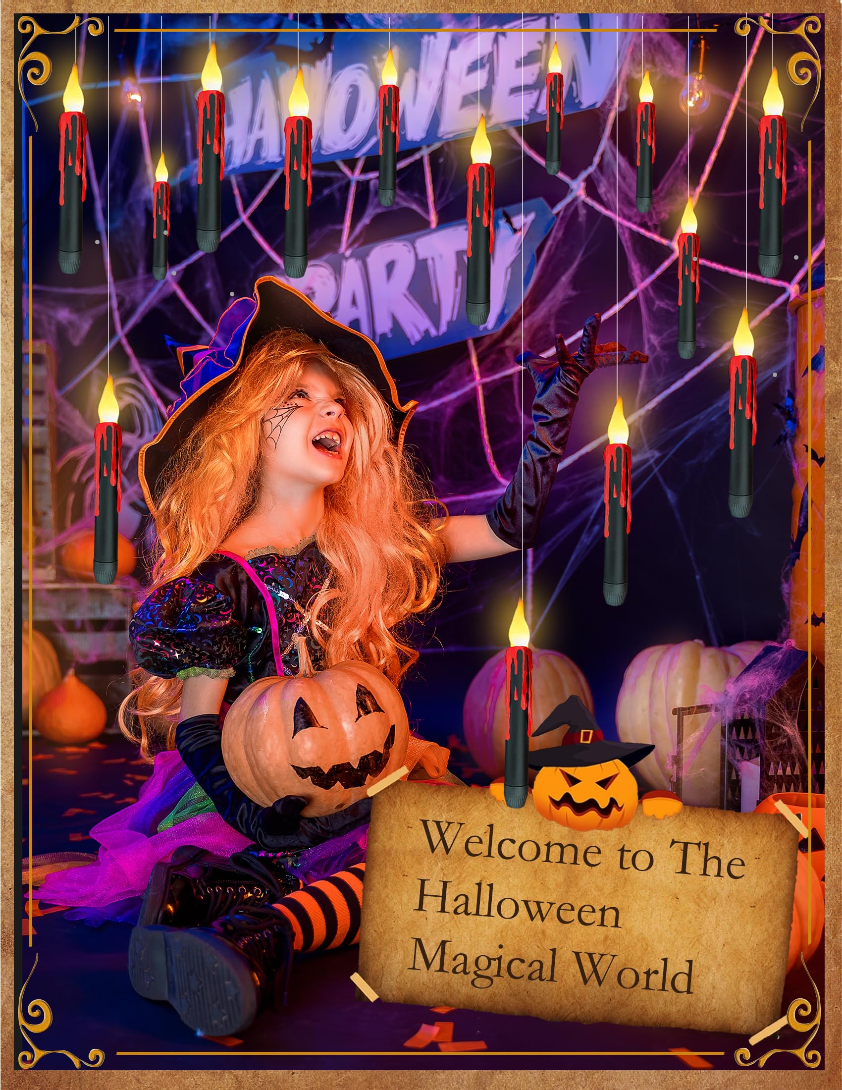 Qaeshi Floating Candles with Wand Remote, 10Pcs Magic Warm Flickering Flameless Hanging Candles,Battery Operated Window LED Taper Lights for Halloween Christmas Decor Home Party
