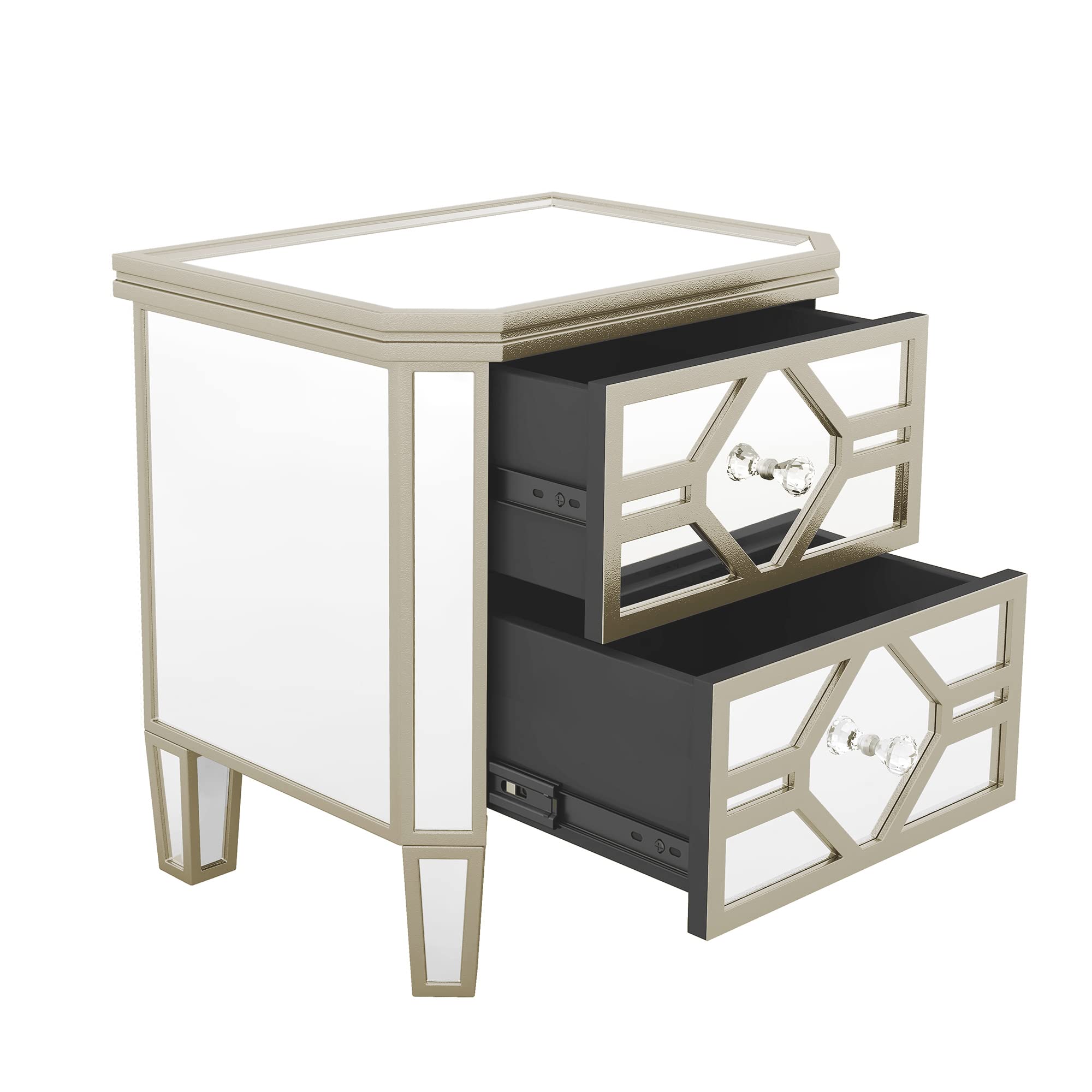 FOURBF Elegant Mirrored 2-Drawer Nightstand with Golden Lines, Side Table for Living Room, Hallway, Entryway