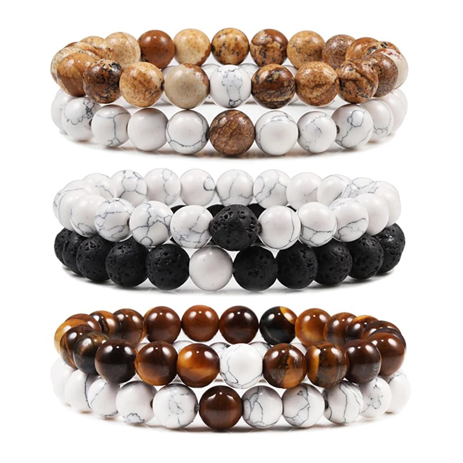 MAGIDOVE 6PCS Chakra Bracelet 8mm Black Obsidian & Tiger Eye Healing Crystal Stone Stretch Bracelets