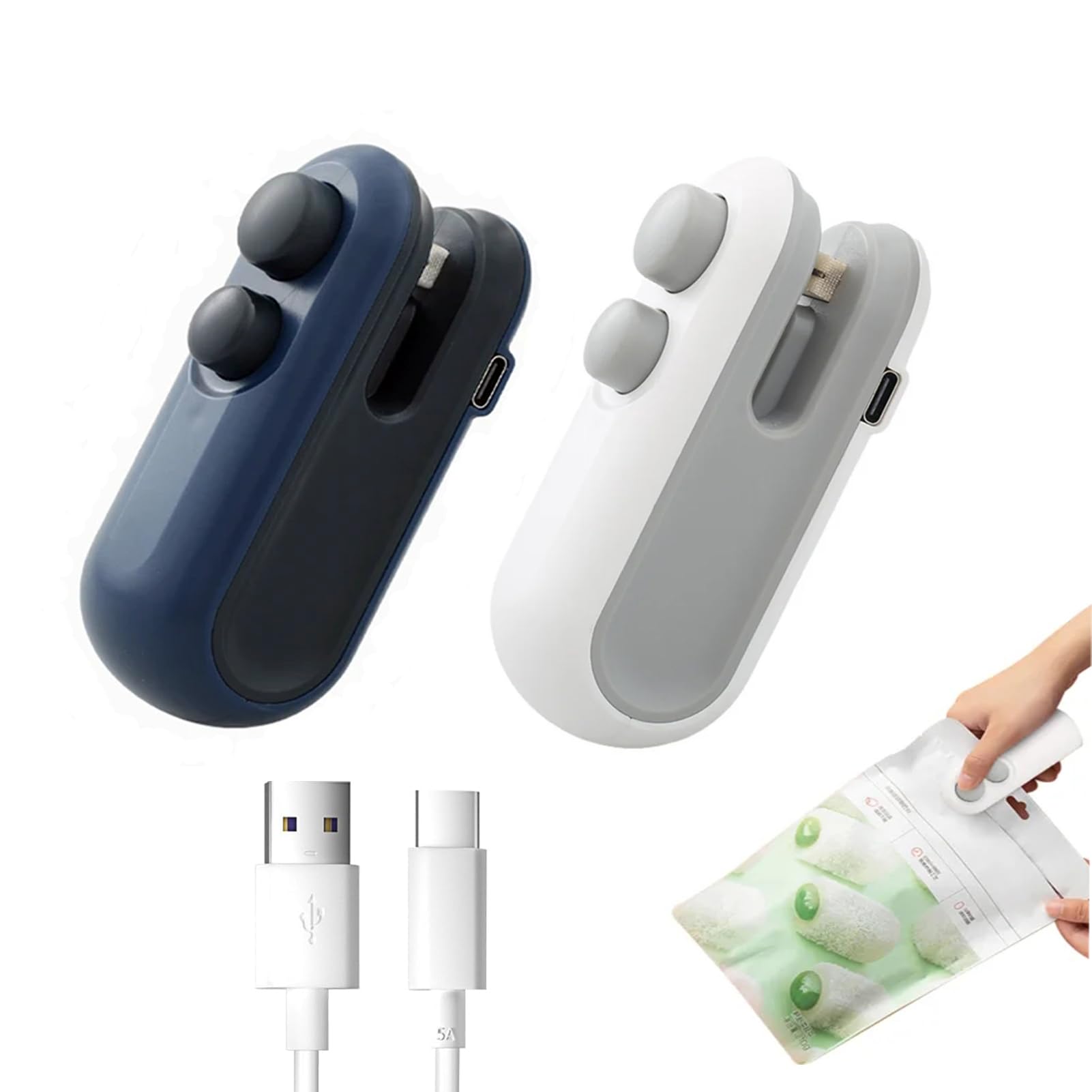 Mini Bag Sealer 2 Pack Bag Sealer with Cutter and Magnet 2 in 1 Mini Bag Resealer Machine Portable Handheld Rechargeable Heat Vacuum Food Sealer for Plastic Bags Snacks & Food Storage (2, white&blue)