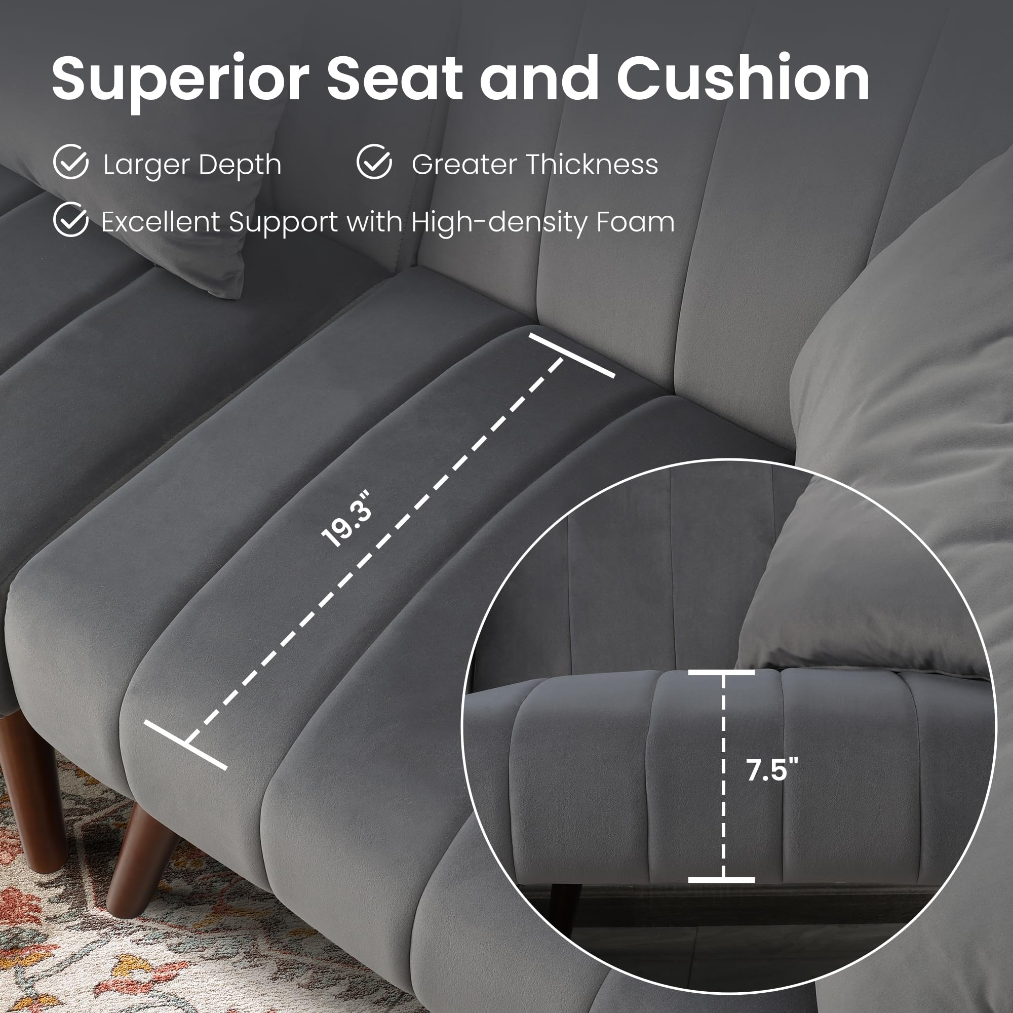 May in Color Velvet Sectional Convertible Sleeper Sofa, 3 Seat Folding Sofa Bed with Reclining Backrest, Modern Futon Couch for Living Room, Apartment, Grey