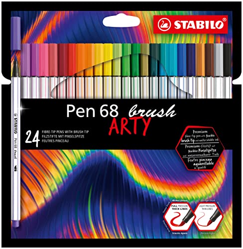 STABILO Premium Fibre-Tip Pen with Brush Tip Pen 68 brush - ARTY - Pack of 24 - Assorted Colours
