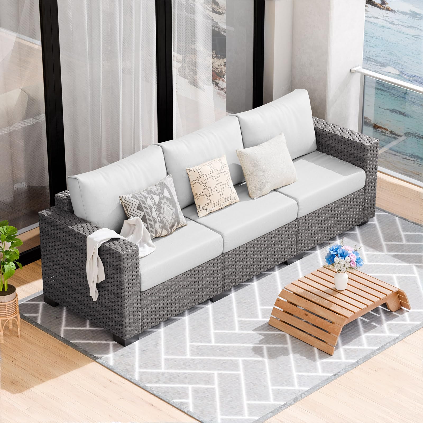 Outdoor Wicker Patio Couch, Large Deep 3 Seats Gray Rattan Sofa for Porch Deck Yard Backyard, Gray Cushions
