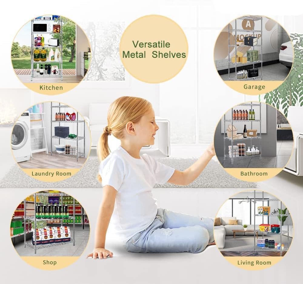 ReLuien 4 Tier Chrome Shelving Units and Storage, Adjustable Wire Shelving with 4-Shelf Liners, Wire Metal Storage Shelves Standing Shelf Units, Shelf Organizer for Kitchen and Garage 30Wx14Dx47H