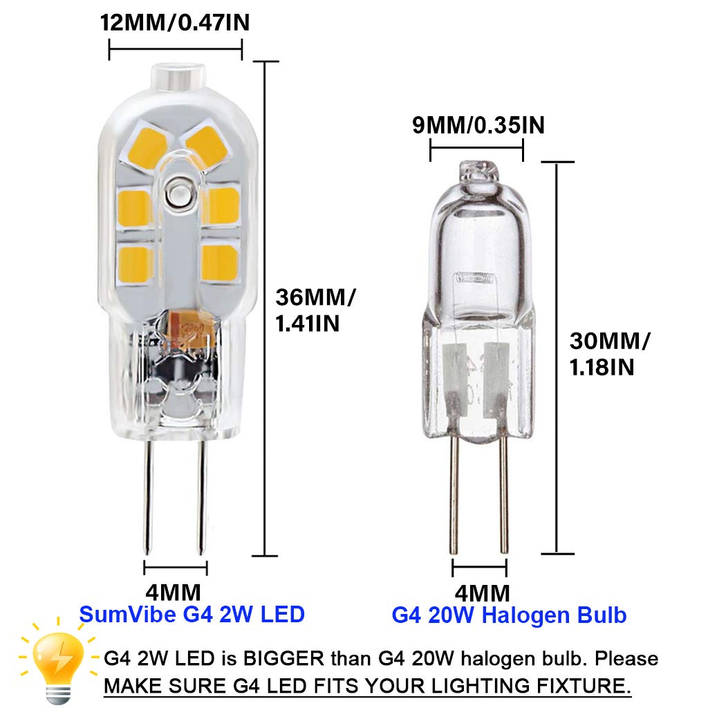 SumVibe G4 LED Bulb, 20W Halogen Bulb Replacement, 2 Watt G4 Bulbs Bi-Pin Base, AC/DC 12 Volt Warm White 3000K, Non-Dimmable, 10-Pack
