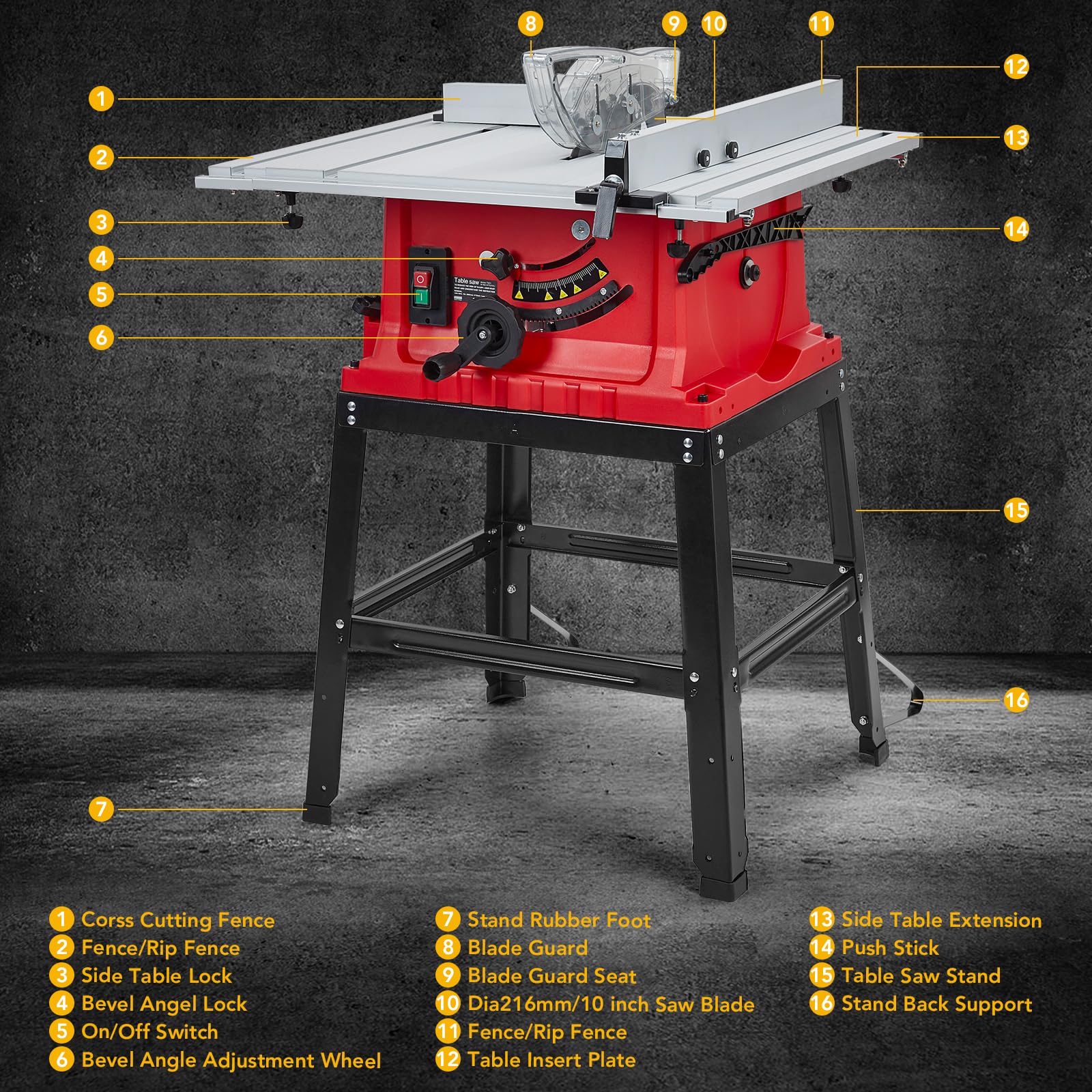 Table Saw, 10In Portable Table Saw 1800W, Cutting Speed Up to 5000RPM, 90°Cross Cut & 0-45°Cutting, Adjustable Blade Height for Woodworking, DIY Working