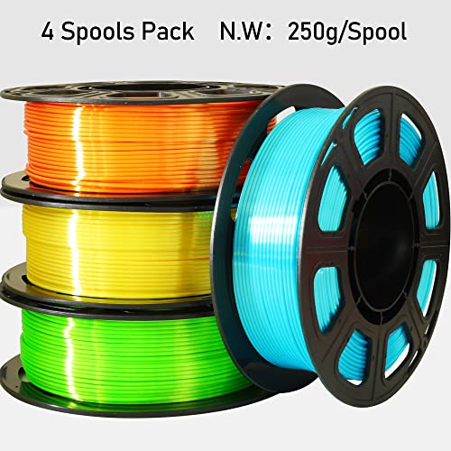 OEM MIKA3D 1.75mm Silk Shiny PLA 4 in 1 Bright Colors 3D Printer Filament Bundle Pack: Silk Yellow/Lime Green/Orange/Sky Blue, Each Spool 250g, 4 Spools Packed, Total 1Kg 3D Printing Material