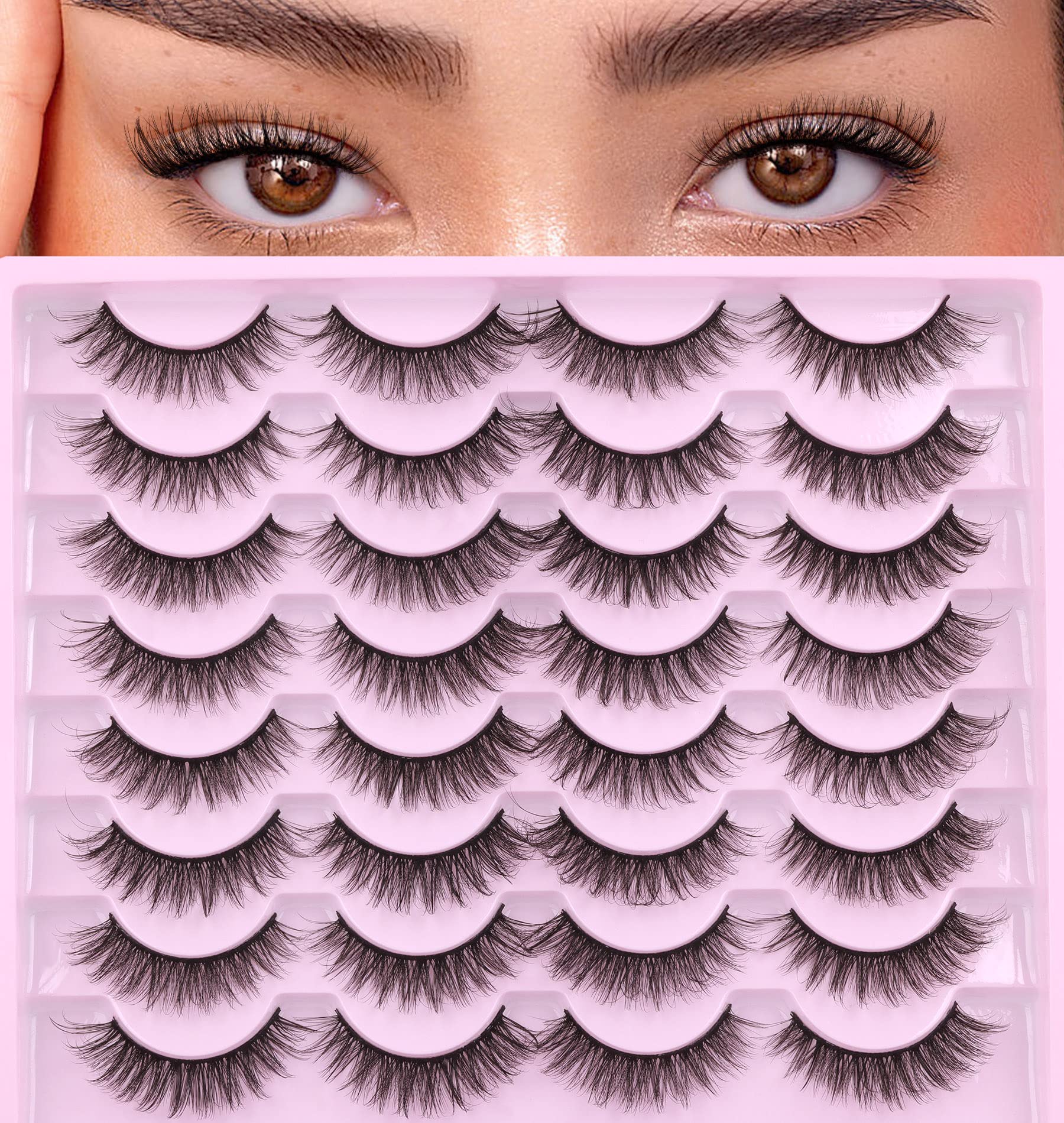 Natural Lashes Cat Eye Wispy False Eyelashes D Curl Lashes Fake Eyelashes Soft Handmade Russian Strip Lashes Pack Look Like Extension Multipack 16 Pairs