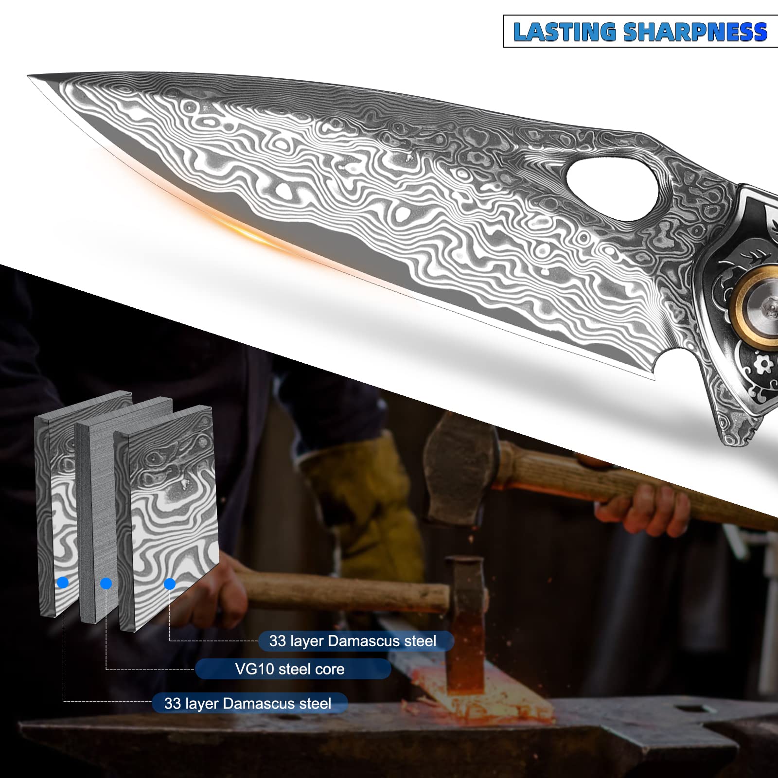 Minowe handmade Japan Damascus steel pocket knife,3.1" VG10 blade men and women Folding knife,With holster,Lining lock,resin and Maple handle,Suitable for EDC outdoor camping,go fishing hunting