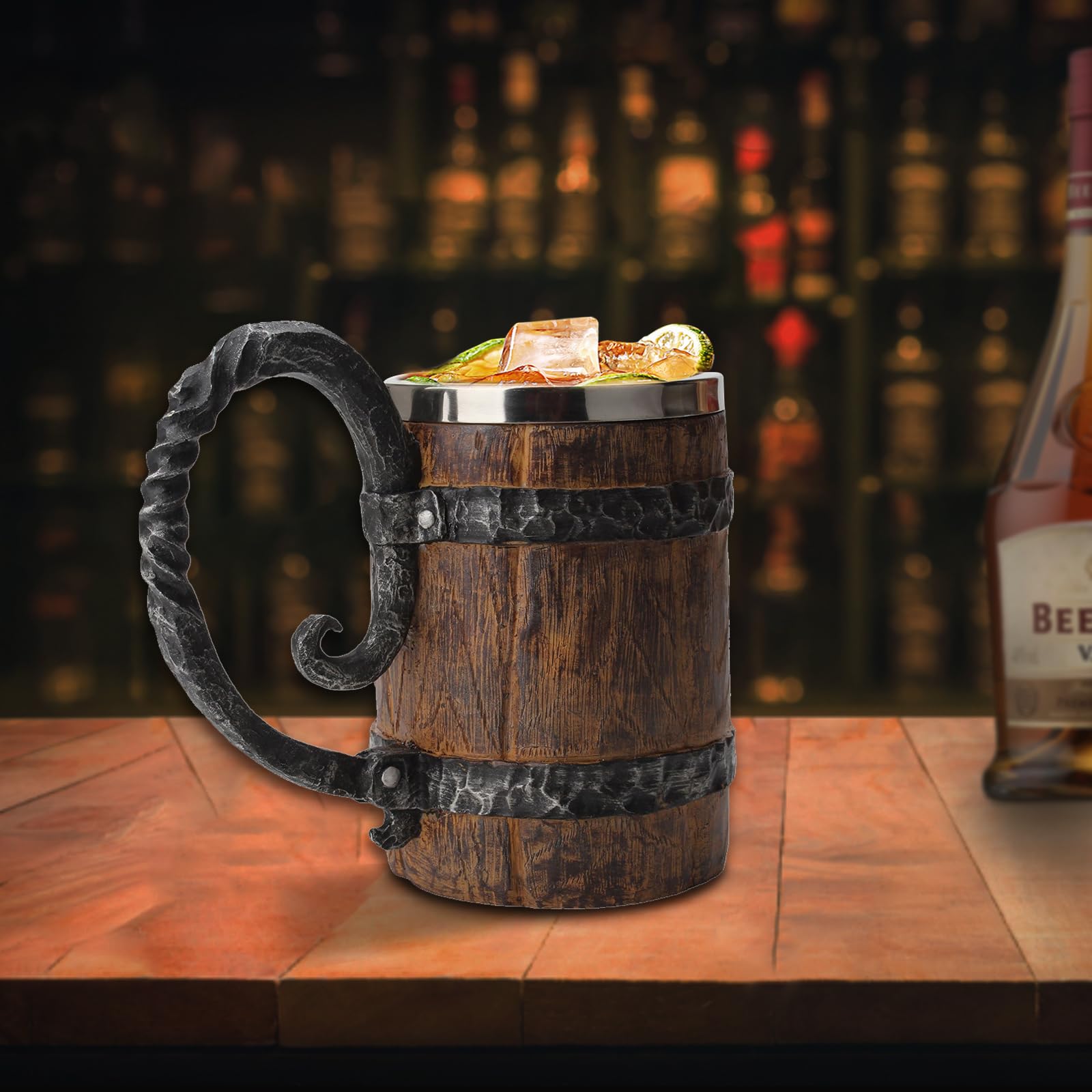 Kndatle Handmade Wooden Barrel Beer Mug, Bucket Shaped Drinkware with Handle, Stainless Steel Double Wall Cocktail Mug for Bar Restaurant, Vintage Bar Accessories (18 oz)