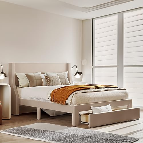 Queen Size Velvet Platform Bed Frame with Headboard, Upholstered Platform Bed Frame with Storage Drawer, No Box Spring Needed, Sturdy Wood Slat Support for Bedroom Boys Girls Teens Room (Queen, Beige)