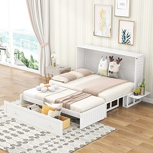 Queen Size Mobile Murphy Bed with Drawer, Solid Wood Murphy Bed Chest with Side Little Shelves , Foldable Platform Murphy Cube Cabinet Bed for Guest Room Home Office