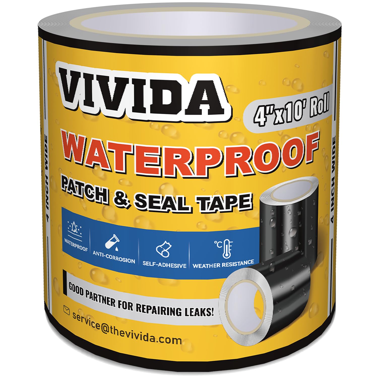 VIVIDA Waterproof Patch and Seal Tape, 4" × 10' Waterproof Tape for Outdoor Use, Patch and Seal Tape Waterproof Tape for Leaks, Underwater Repair, Black, 1 Roll