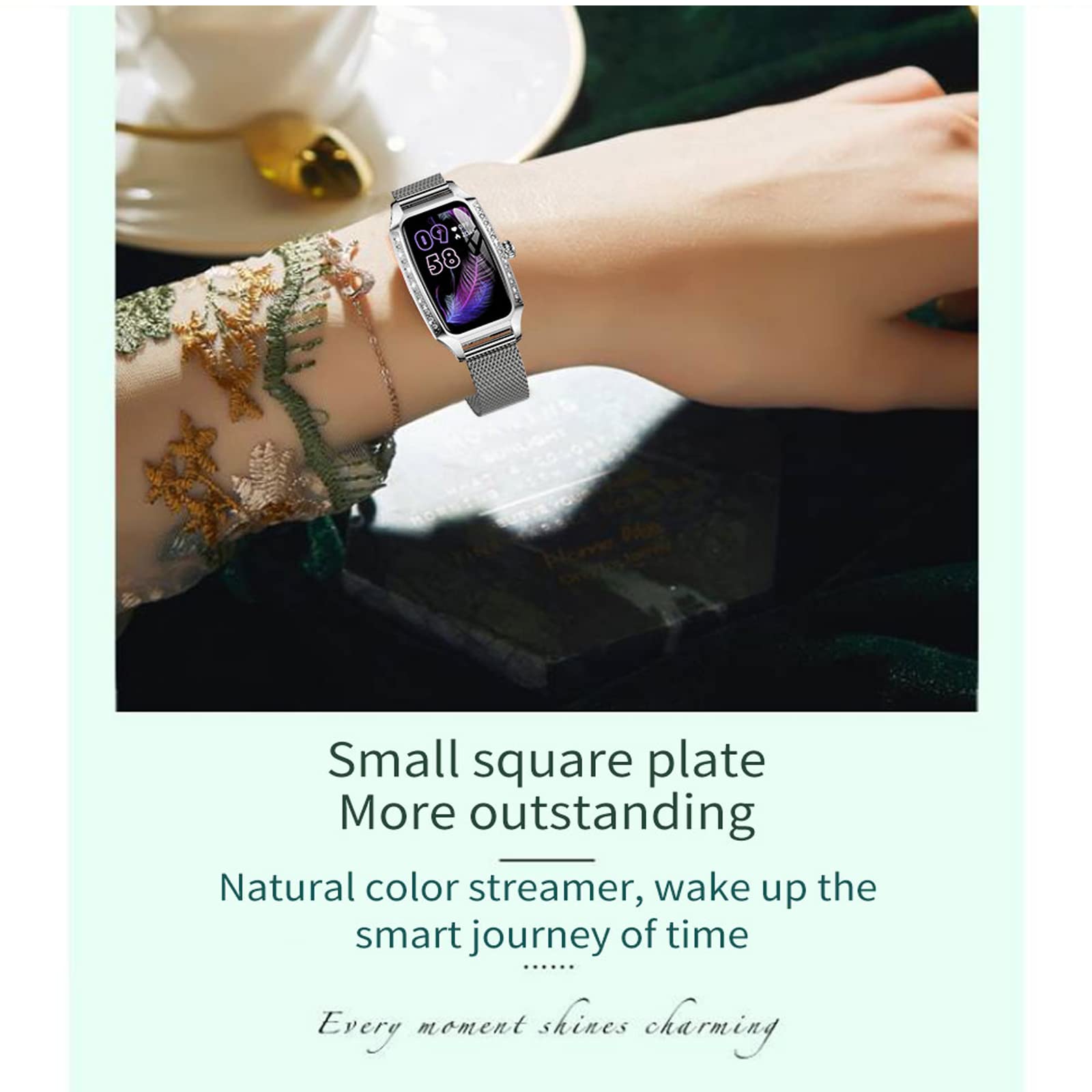 Pard 1.47 Inch Retro Women Smart Watch with Sports Functions, Sleep Detection, Heart Rate Blood Pressure for iOS Android Device, Silver
