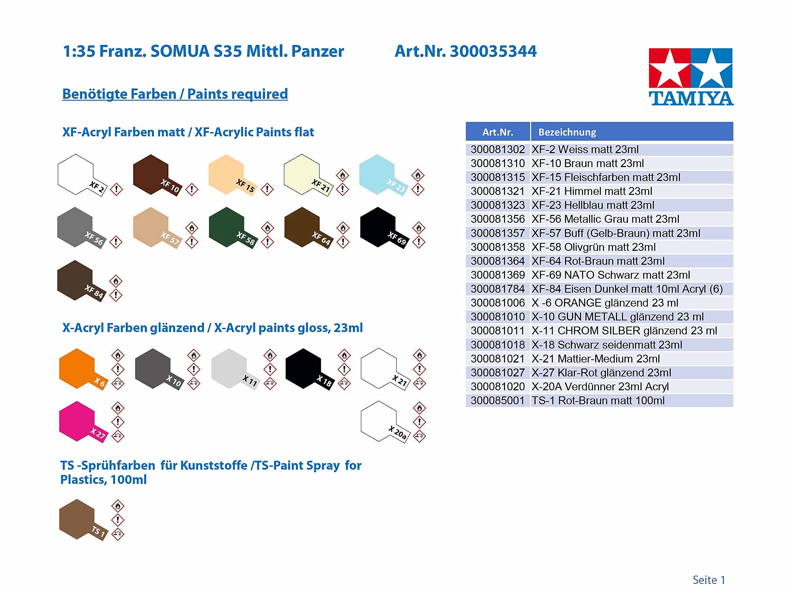 Tamiya 300035344 β 1:35 French SOMUA S35 Medium Tank, Faithful Replica, Plastic, Crafts, Model kit, Assembly, unpainted