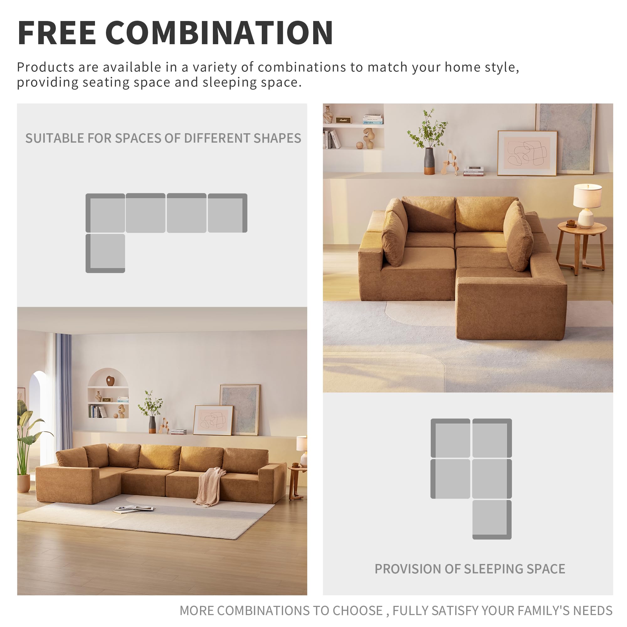 Merax 116" Modular Sectional Sofa, Luxury Floor Couch Set, Chenille Upholstered Indoor Furniture Foam-Filled Sleeper Bed for Living Room, Bedroom, 5 PC Free Combination, 5 Seats-L Shape, Brown