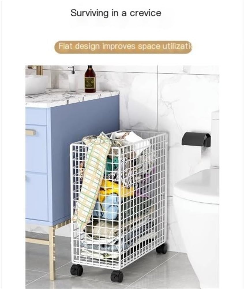 MAGUZA Iron Wire Laundry Hamper, Collapsible Clothes Hamper with Hooks and Baskets, Metal Rolling Laundry Cart for Bathroom (Color : Golden, Size : 38 * 20.5 * 53cm)