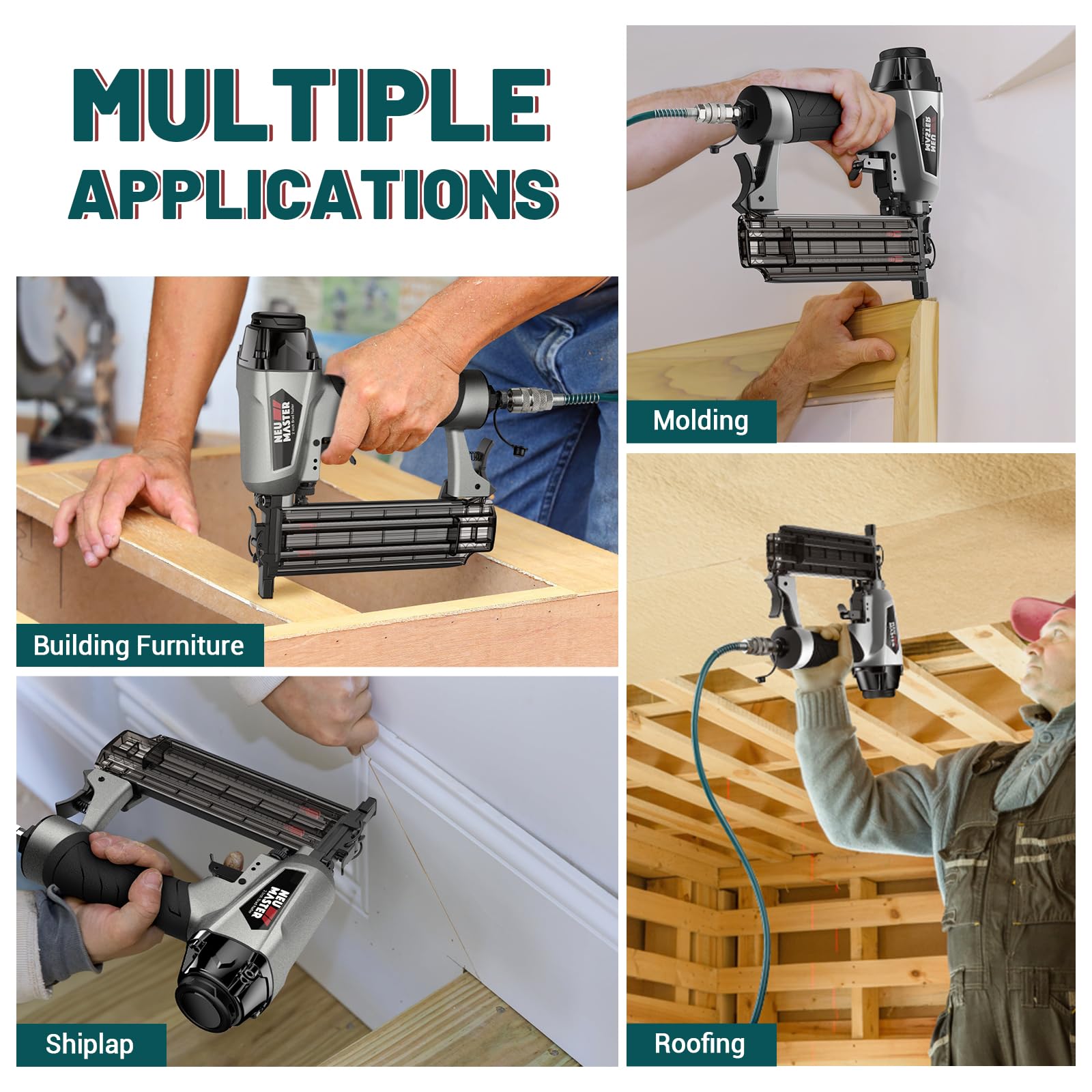 NEU MASTER Pneumatic Brad Nailer, 18 Gauge Nail Gun Fires 5/8-Inch to 2-Inch Brad Nails with Carrying Case, Safety Glasses, 800pcs Nails