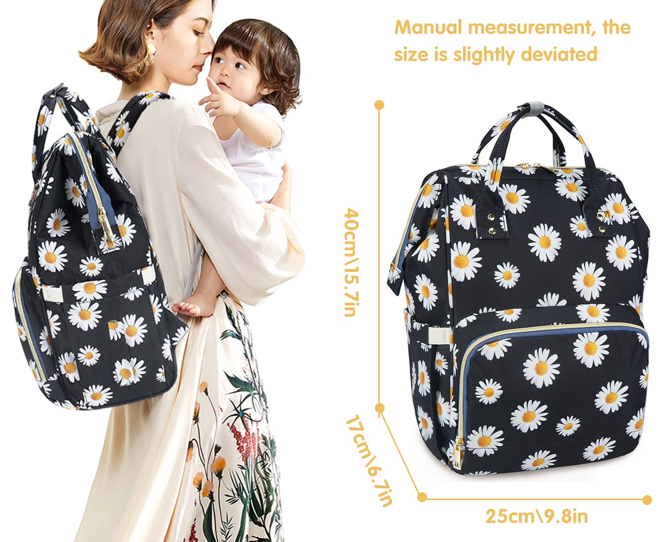 MCWTH Daisy Diaper Bag Backpack for Baby Girls, Multifunction Nappy Bags for Women Maternity (Black)