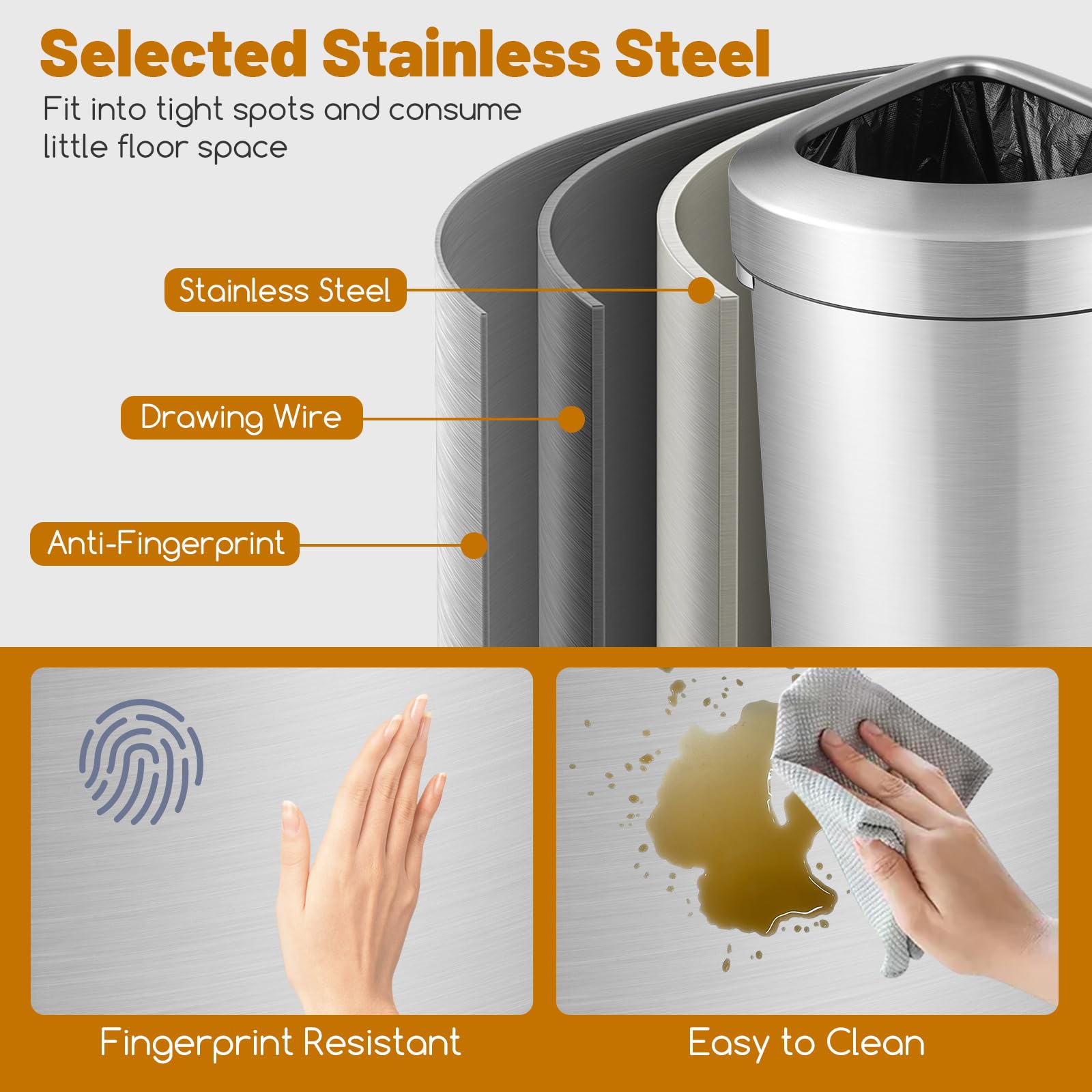 S AFSTAR Corner Trash Can 16 Gallon/60 L, Kitchen Garbage Can, Large Open Top Touchless Rubbish Can, Anti-Slip Bottom, Triangular Waste Bin, Stainless Steel Trash Bin for Bathroom Kitchen Bedroom