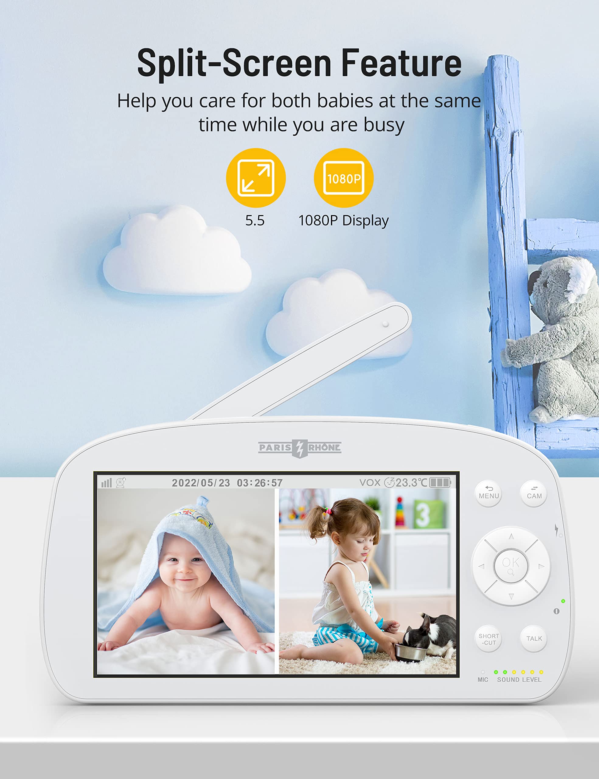 PARIS RHÔNE Baby Monitor, 5.5" 1080P Split Screen Baby Video, 2-Way Talk, 1000ft Range, 5000mAh Battery, HD Night Vision, Pan Tilt Zoom, VOX Mode, Temperature Sensor, White (PE-IH004)