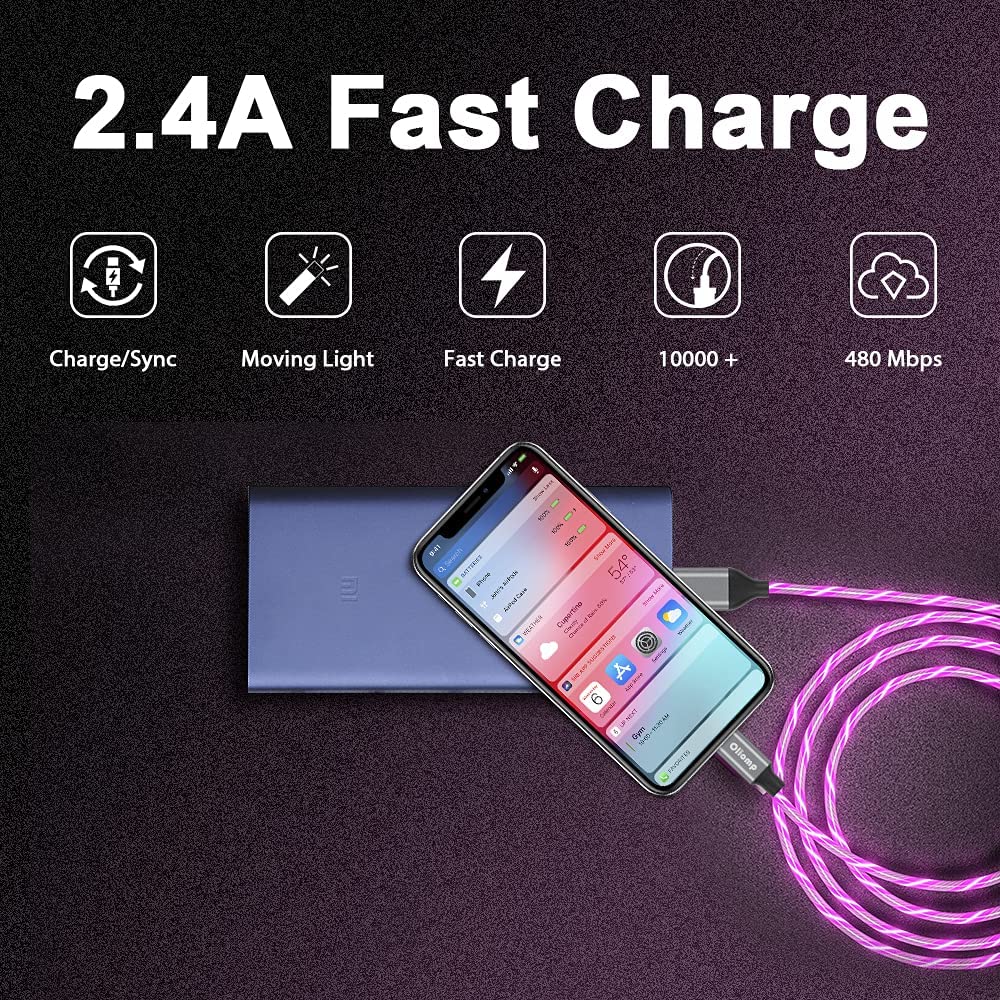 Oliomp iPhone Charger Cable, Apple MFi Certified 3ft LED Light Up Lightning Cable USB Fast Charger Cord High Speed Data Sync Transfer Cord for iPhone 14/13/12/11/11Pro/Max/XS/XR/X/6/7/8 (Purple)