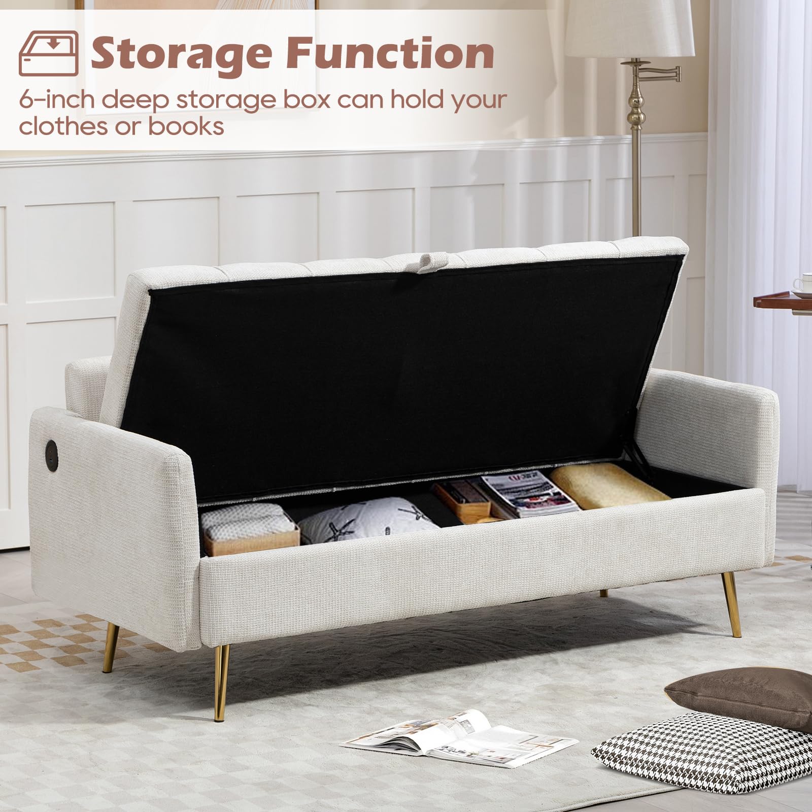 RIHEREFY 60'' Loveseat Sofa Couch with Storage, Modern Loveseat Couch with 4 Pillows & Metal Legs, 2 Seater Sofa with USB & Type C for Living Room,Bedroom, Apartment(Beige