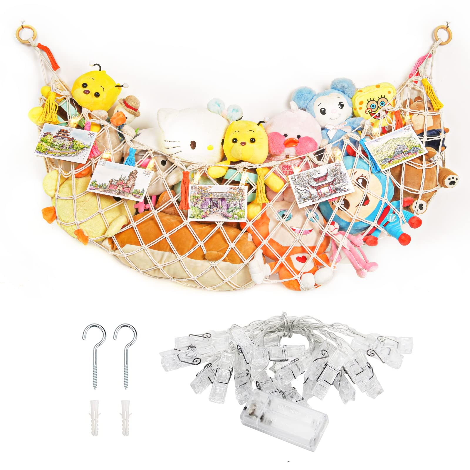 Macrame Stuffed Animal Net,Toy Hammock for Stuffed Animals Storage,Pet Net for Plush,Handmade Hanging Corner Net Wall for Squishmallow,Plushie Holder Organizer with LED Photo Clips,59inch Extra Large