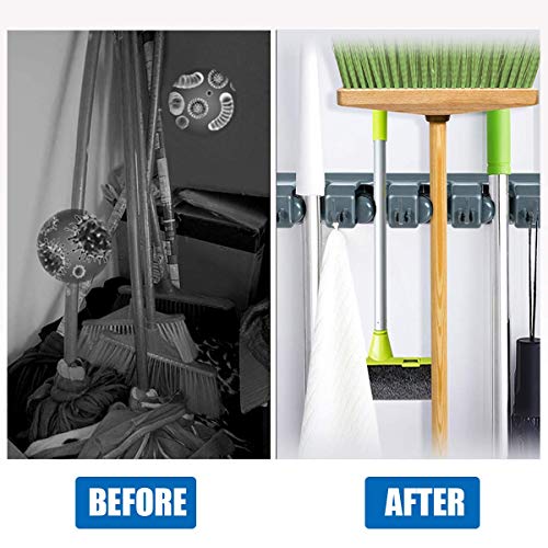 Mayjooy Wall-Mounted Mop Broom Holder, Home Storage Organizer Rack w/5 Positions & 6 Hooks, Hanging Tools Organizer for Garage/Laundry/Home/Kitchen, Utility Storage Rack, Grey